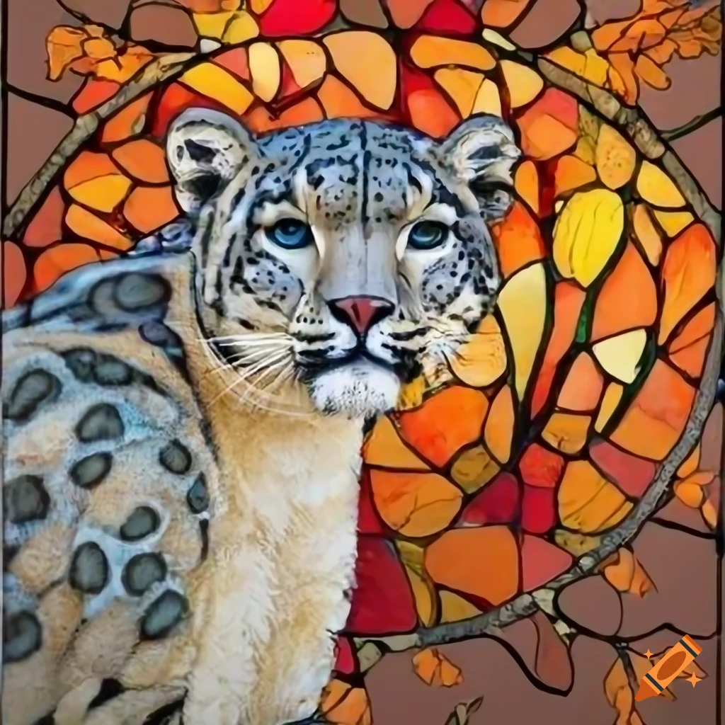 Stained glass artwork of a snow leopard in autumn scenery