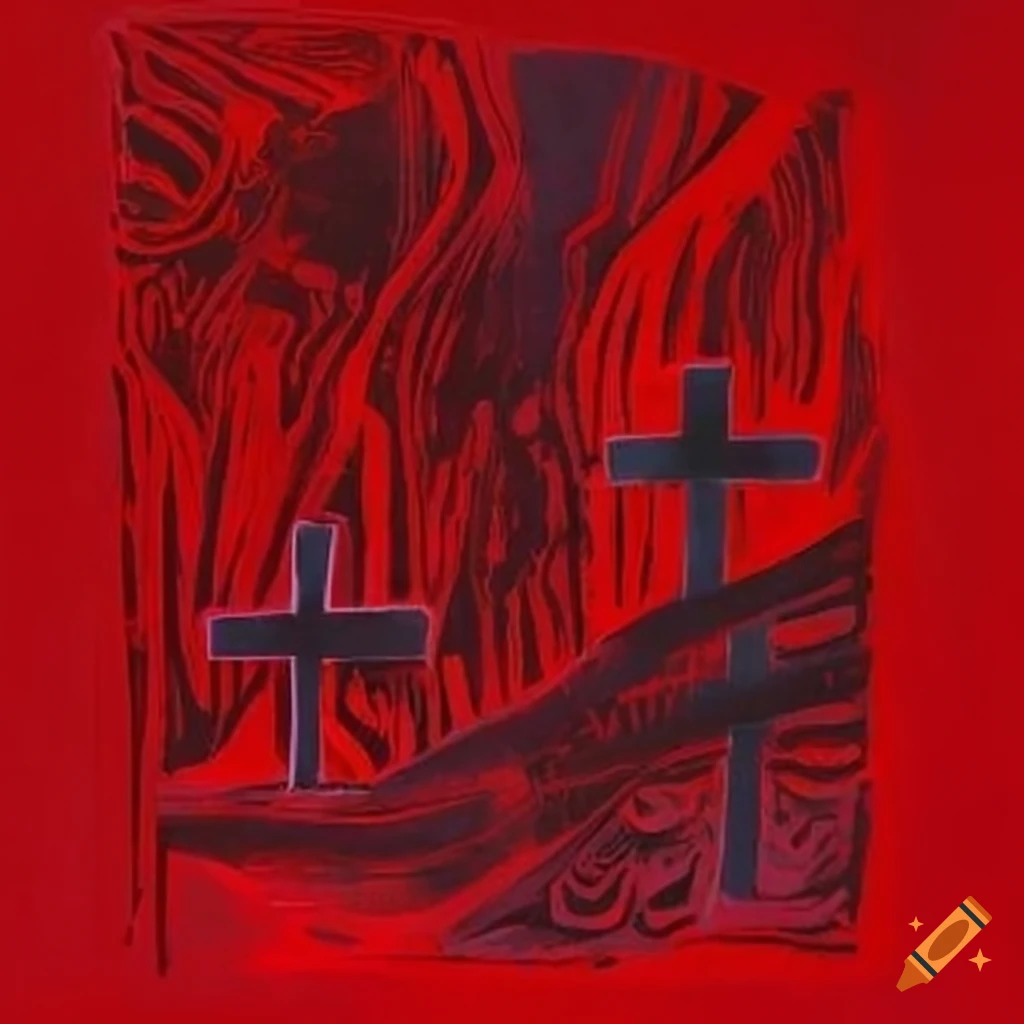 Vibrant linocut artwork with christian cross motif