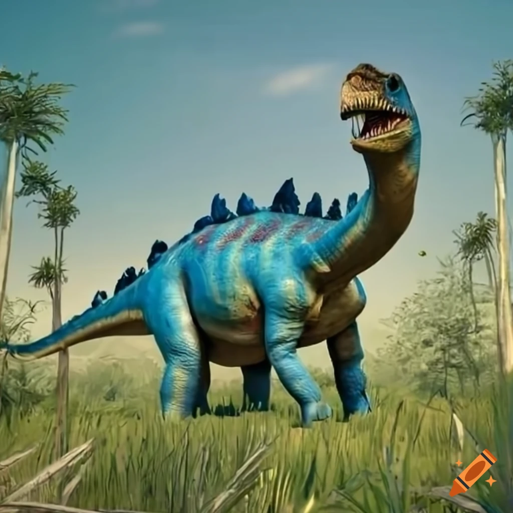 Image of a blue stegosaurus in tall vegetation