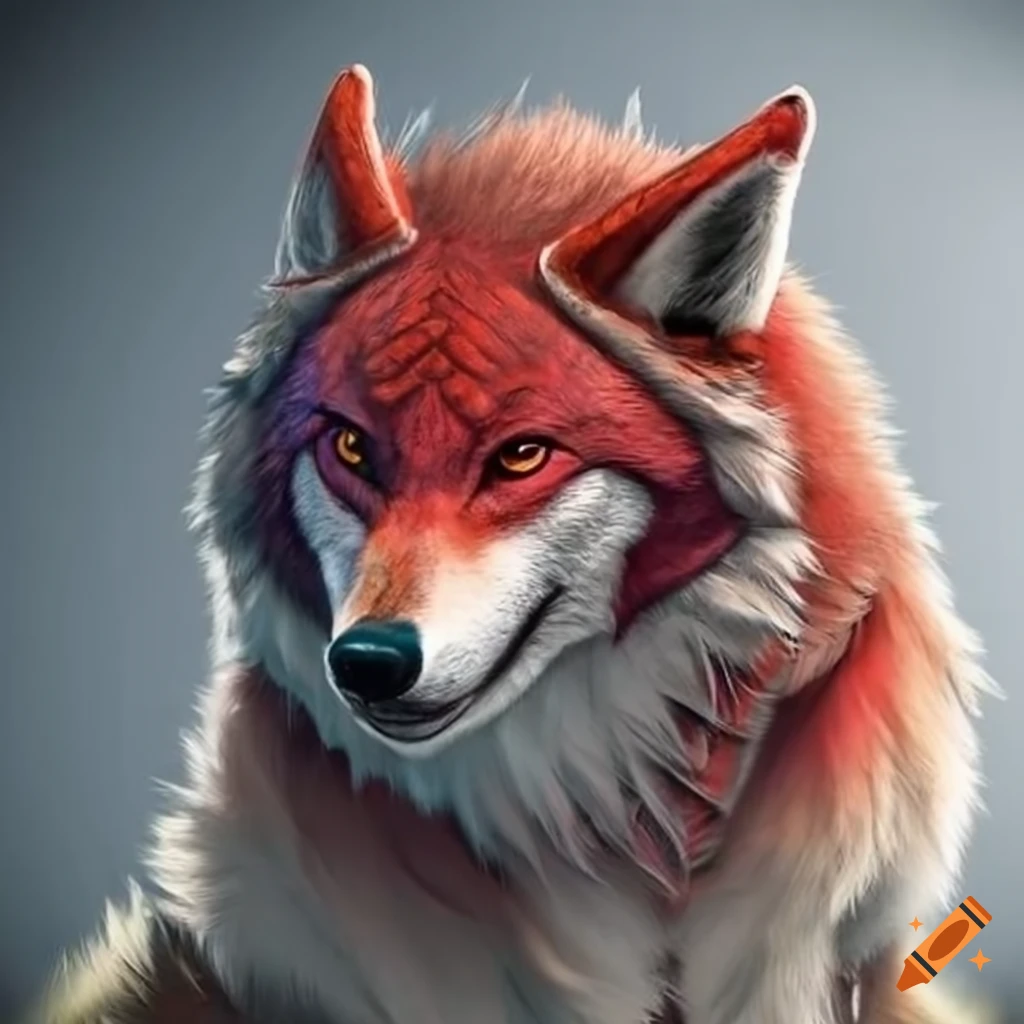 Illustration of a red demon wolf with a white muzzle on Craiyon