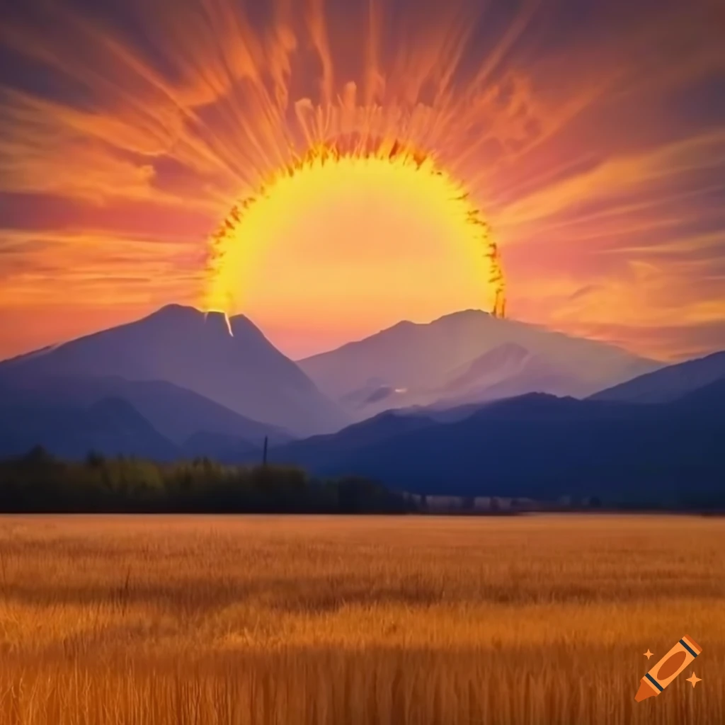 Image of a phoenix rising above a wheat field with mountains and ...