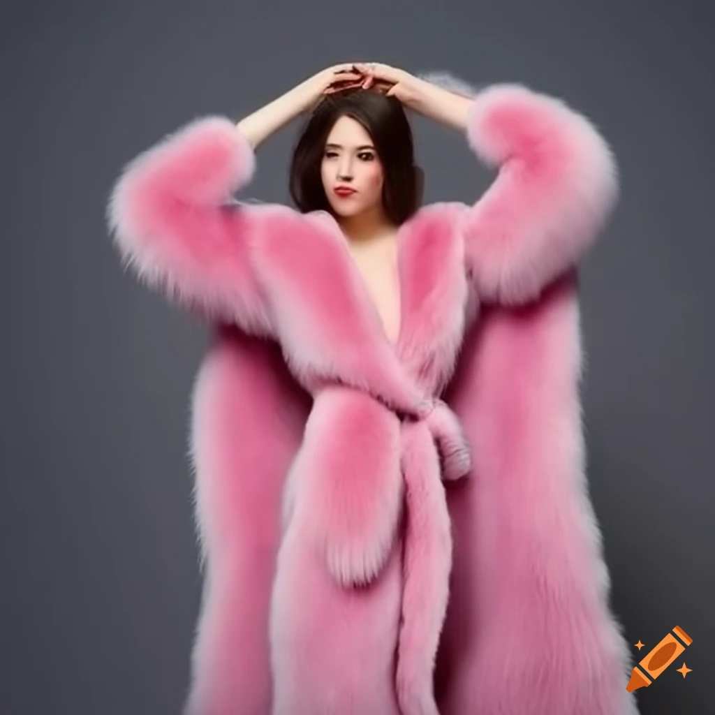 Young women wearing a pink fur dressing gown