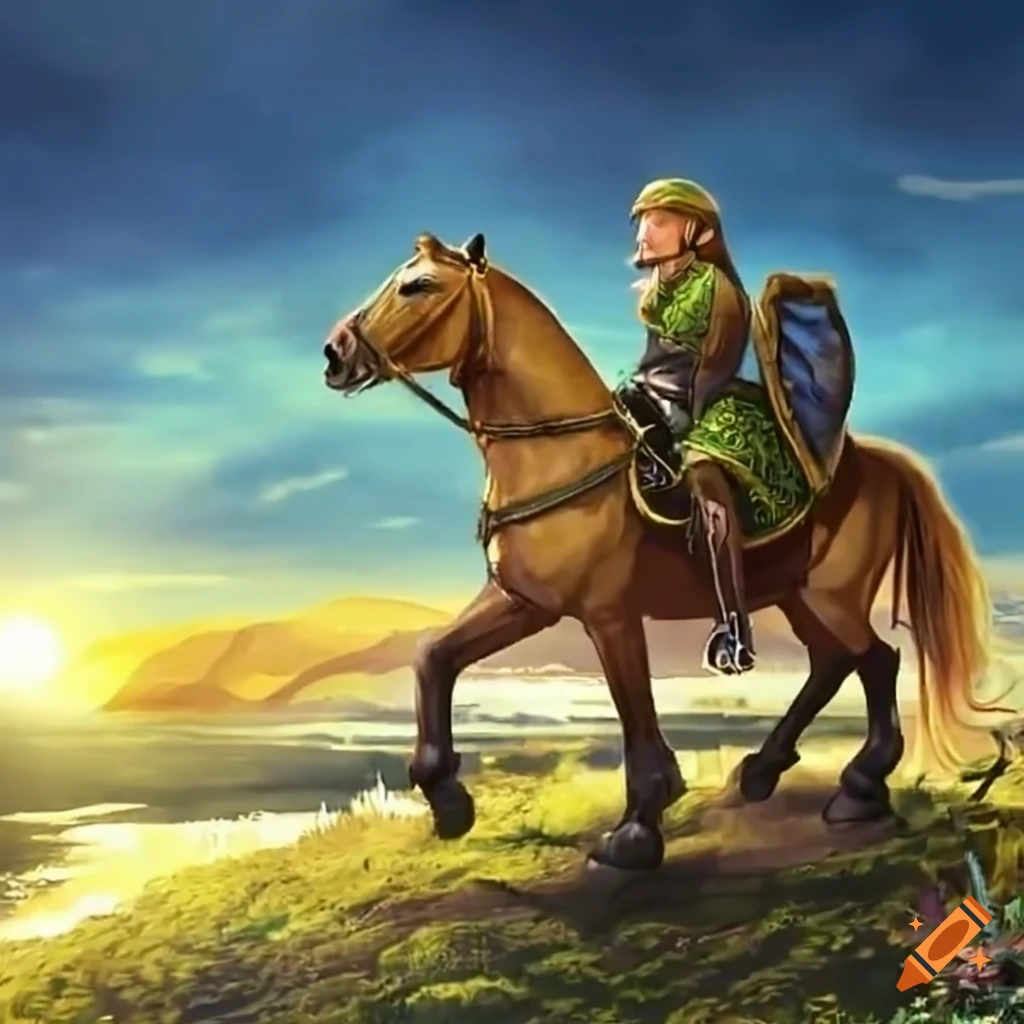 Fantasy illustration of a fairy riding a horse under the golden sun on ...