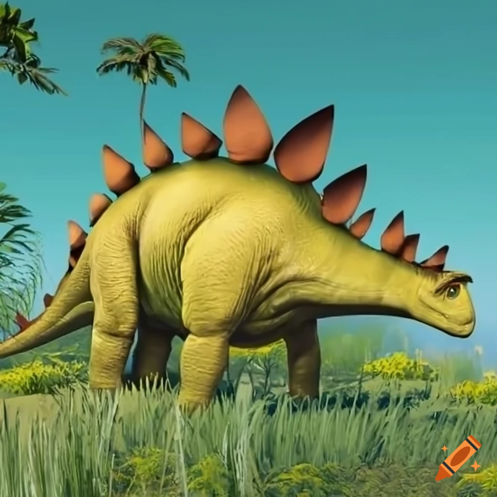 Giant yellow stegosaurus in tall vegetation on Craiyon
