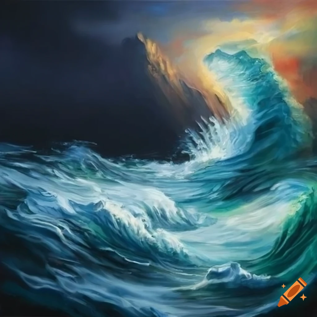 Oil painting of crashing waves in a great flood