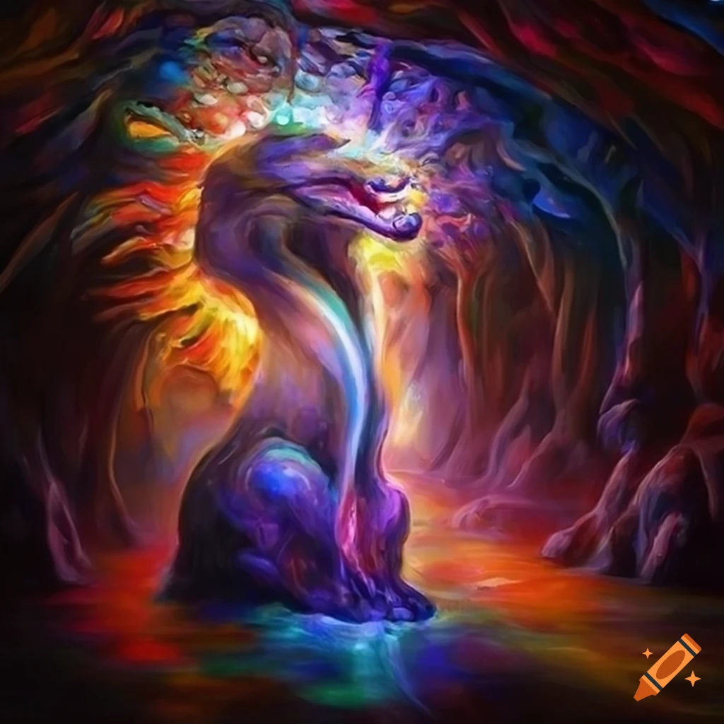 Oil painting of crystal beast in a colorful cave