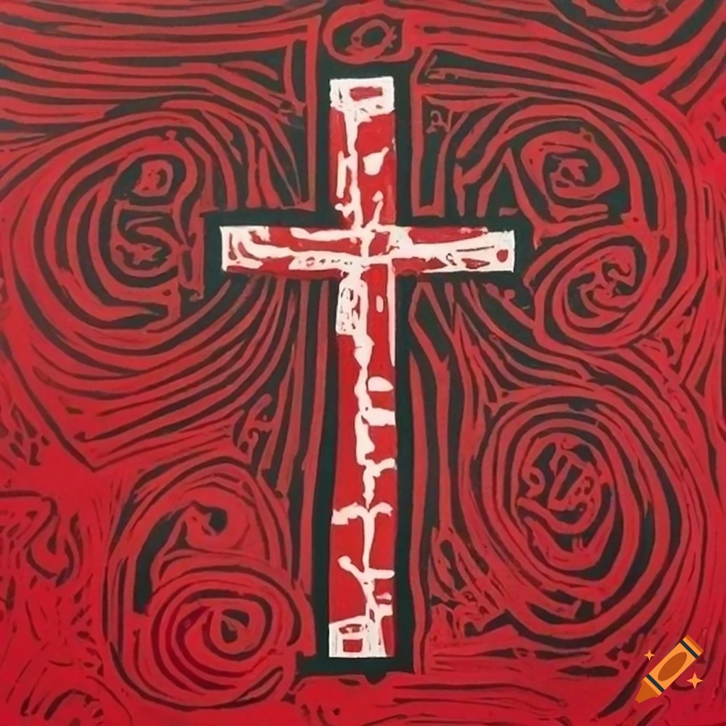 Vibrant linocut artwork with christian cross motif