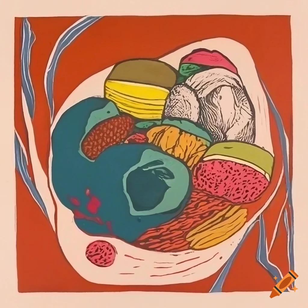 Vibrant linocut artwork of a meal on Craiyon