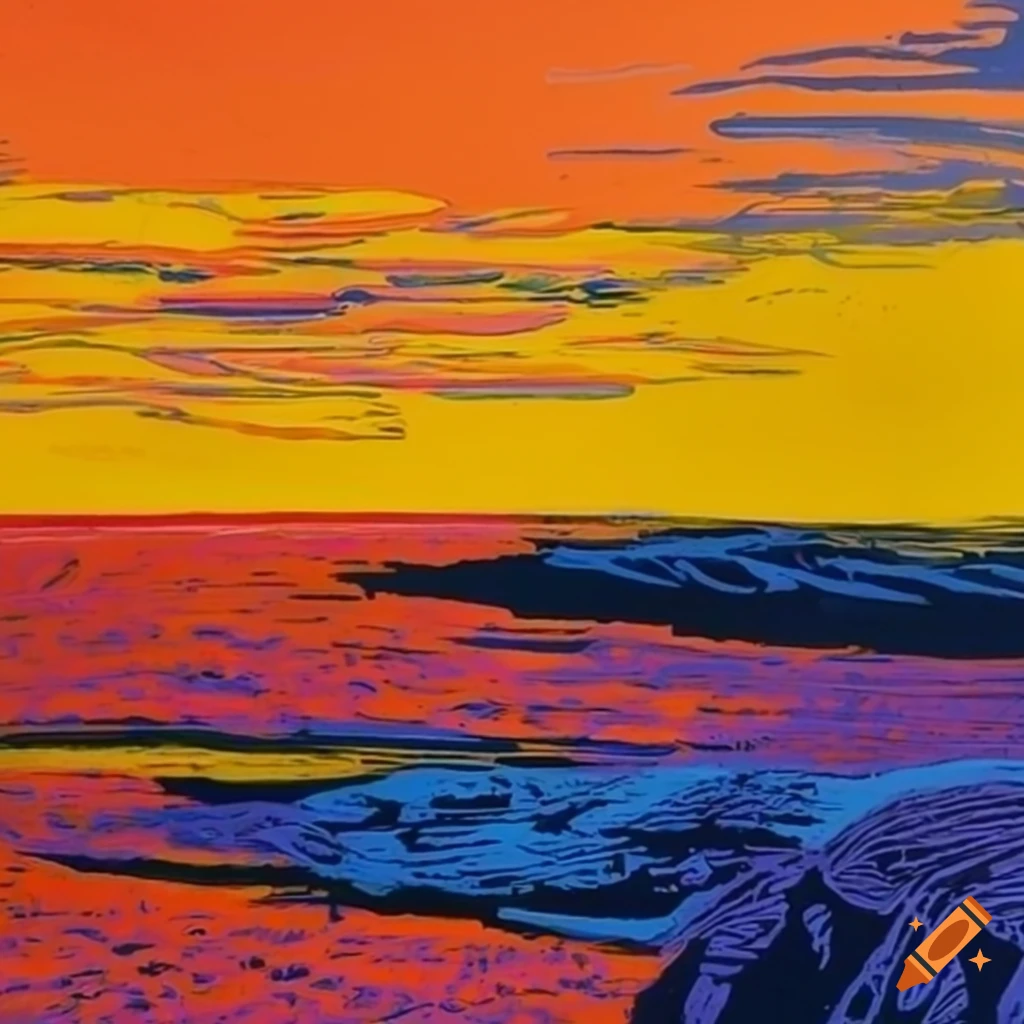 Vibrant linocut artwork of a machair