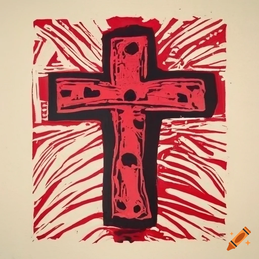 Vibrant linocut artwork with a blood red christian cross on Craiyon