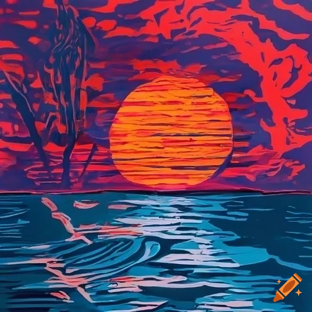 Vibrant linocut artwork representing wind, water, and fire