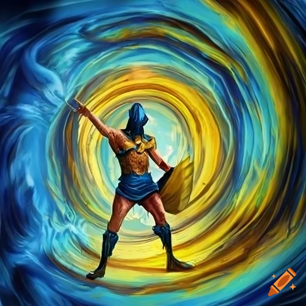 Vortex fantasy art of a blue and yellow greek soldier