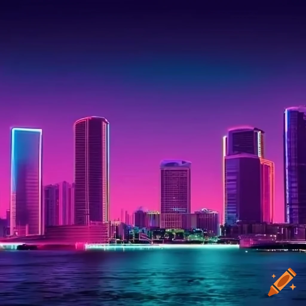 Miami cityscape in retro synthwave style on Craiyon