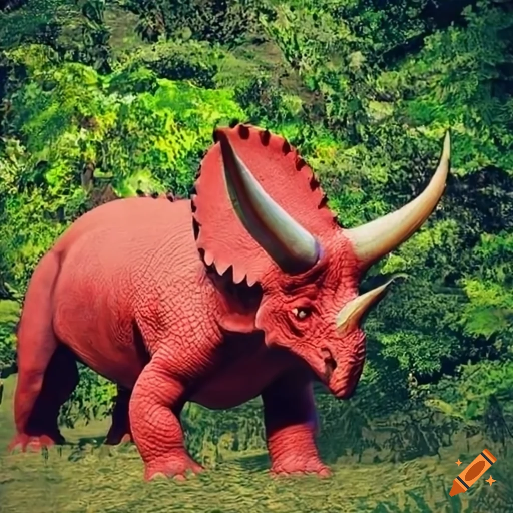 Red triceratops in tall sunny vegetation