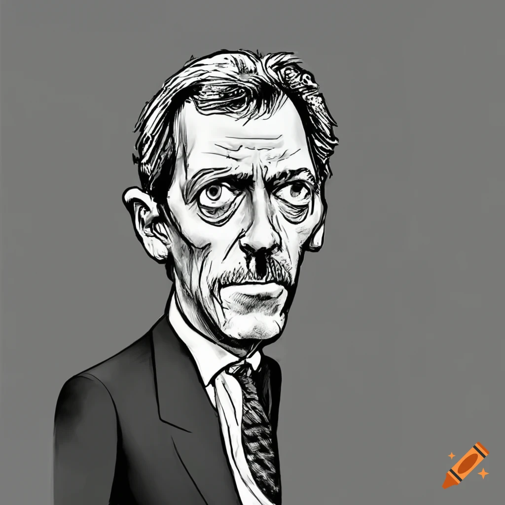 Cartoon of a hugh laurie look-alike in black and white