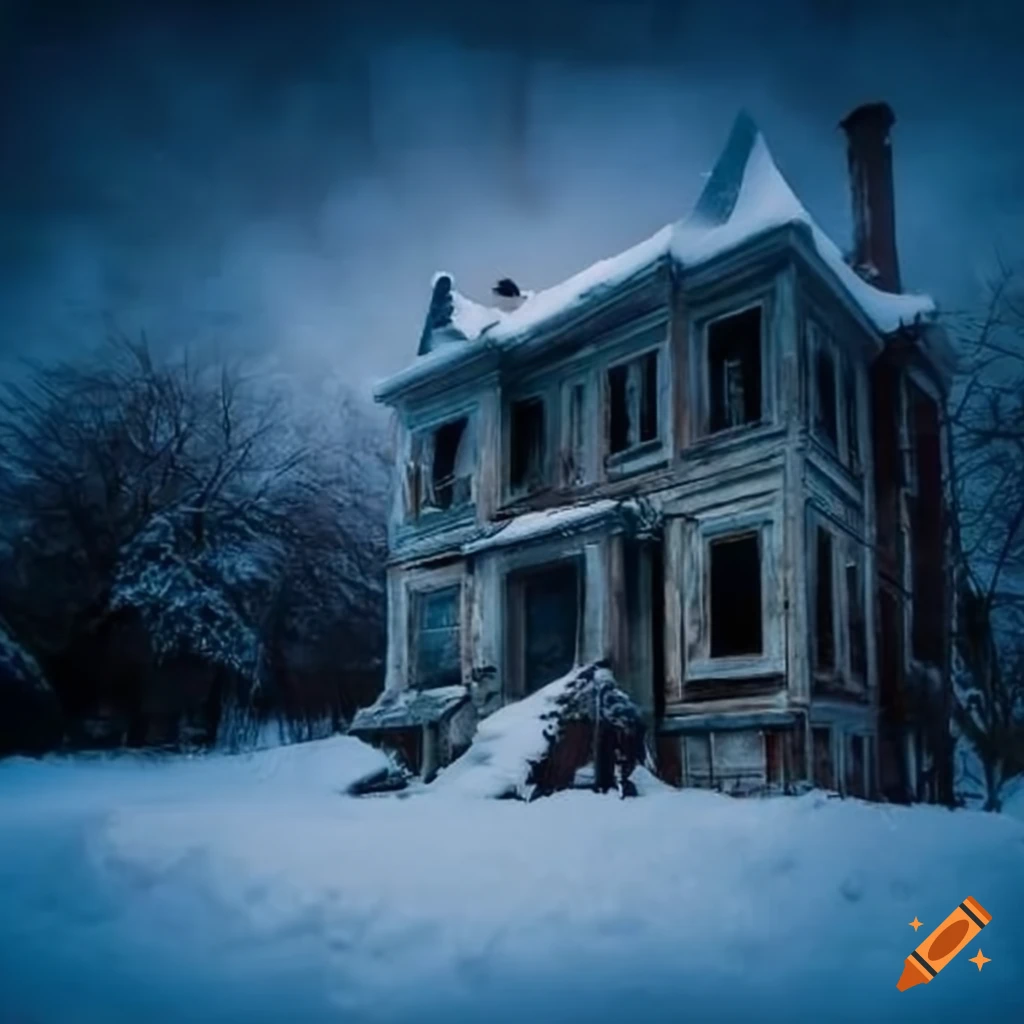 Creepy snowy villa with woman at window