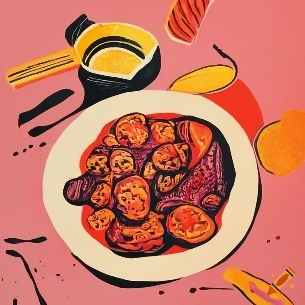 Vibrant linocut artwork of a meal on Craiyon