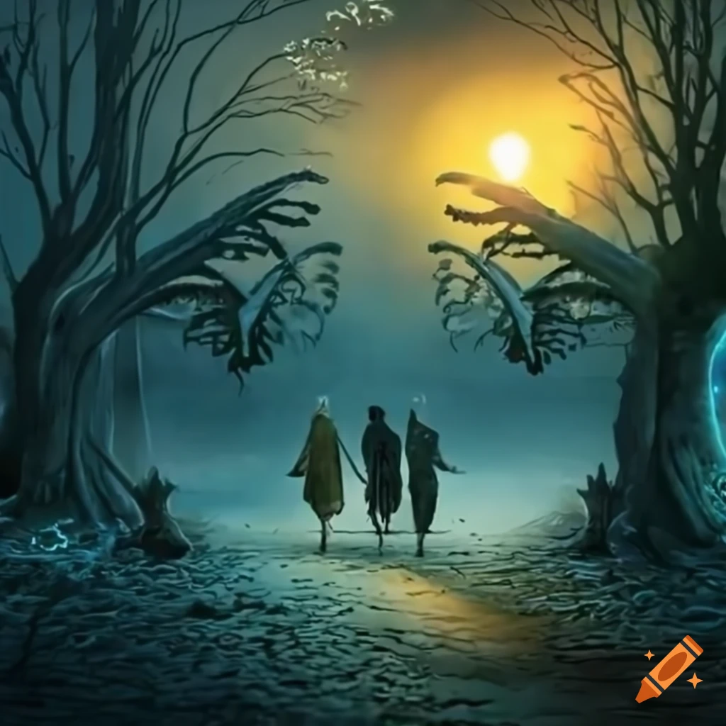 Surreal landscape with strange creatures, surreal trees and fantastical ...