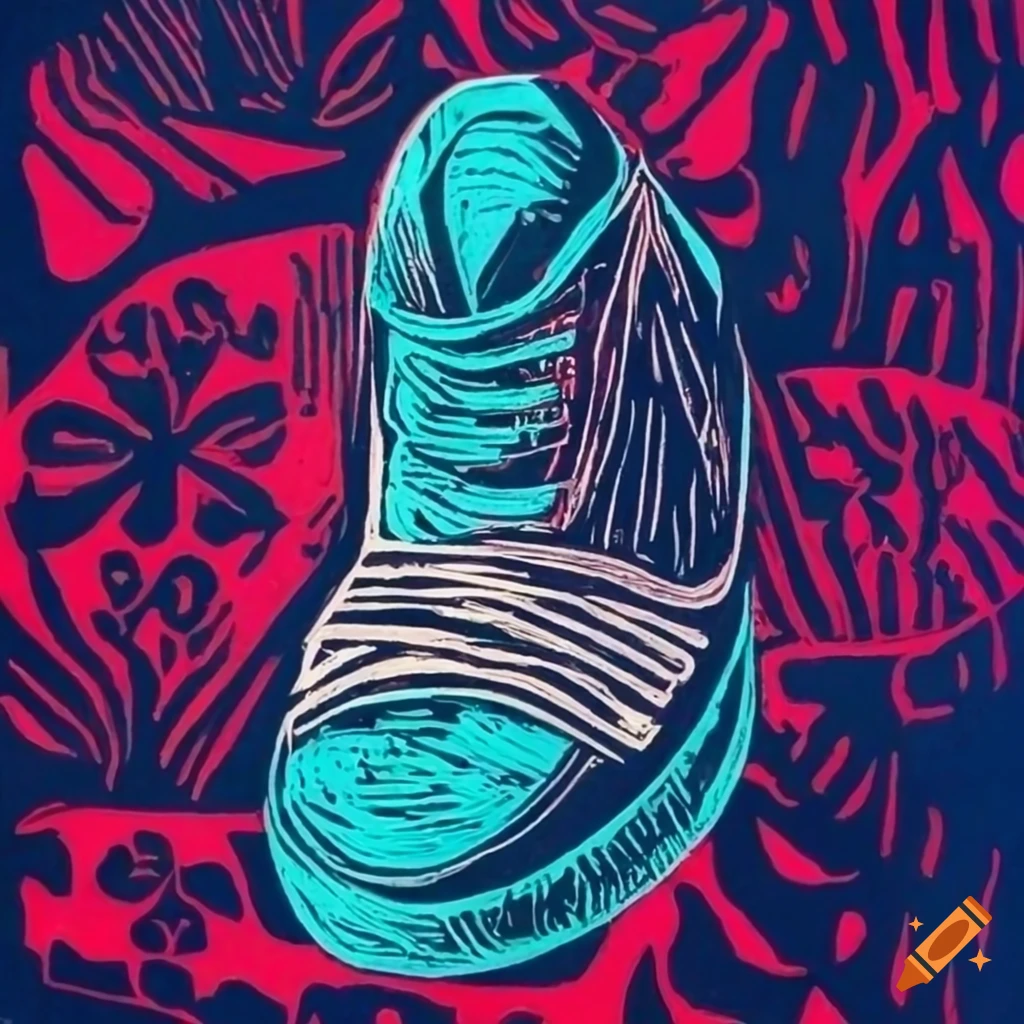 Vibrant linocut artwork with colorful sneakers