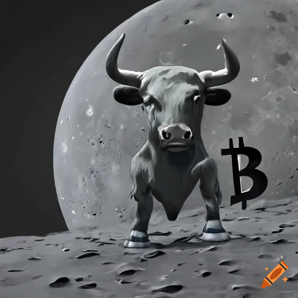 Satirical image of a bull on the moon holding a bitcoin flag