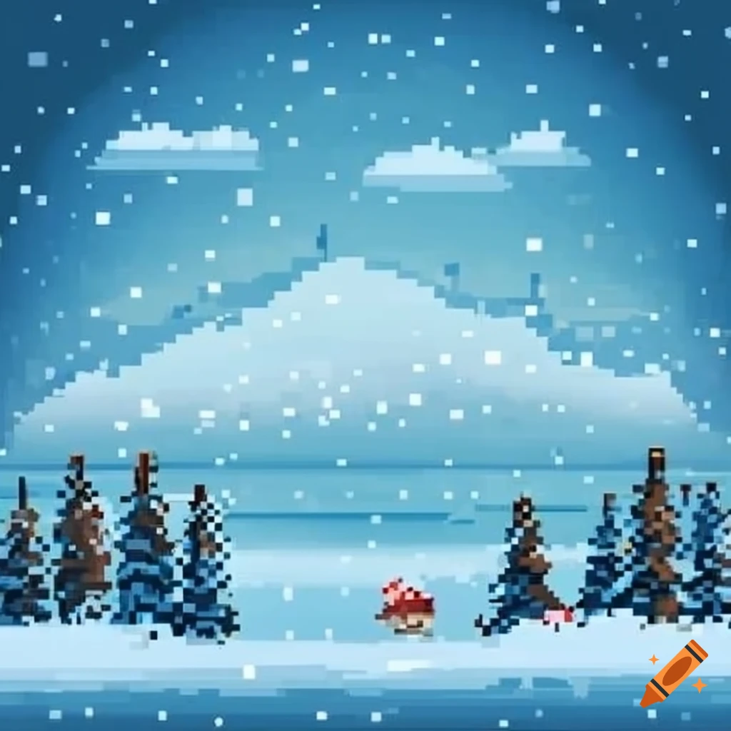 Pixel art snow scene with characters wearing winter hats