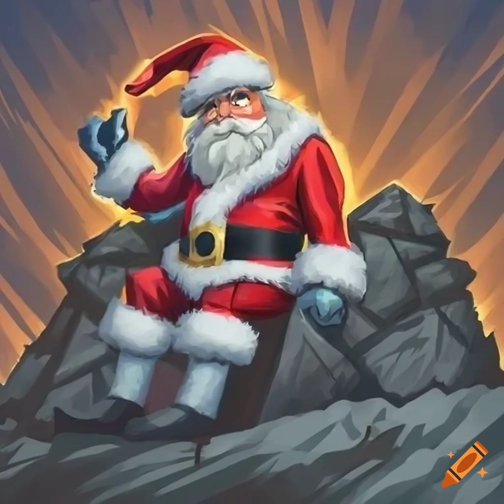 Santa claus on a mountain of coal in magic the gathering style