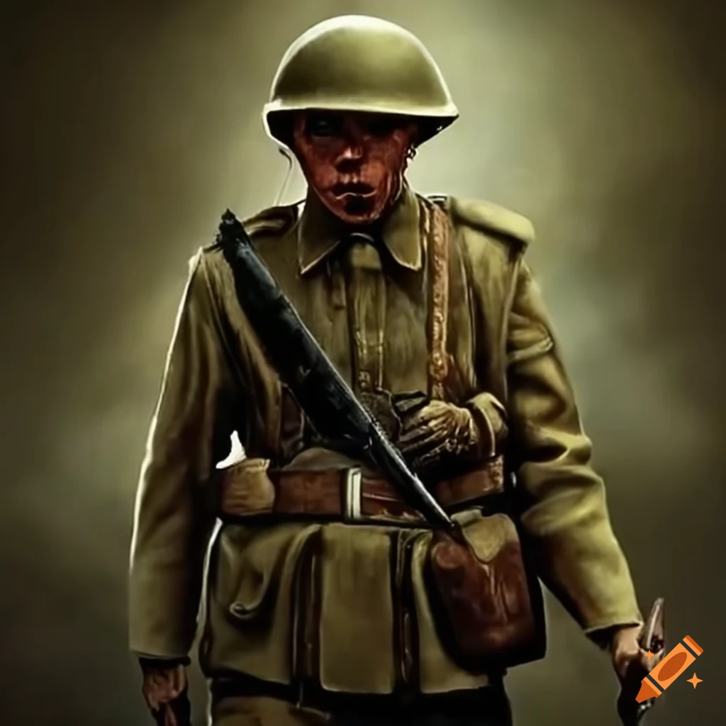 Artistic representation of a devastated soldier in World War 1 on Craiyon