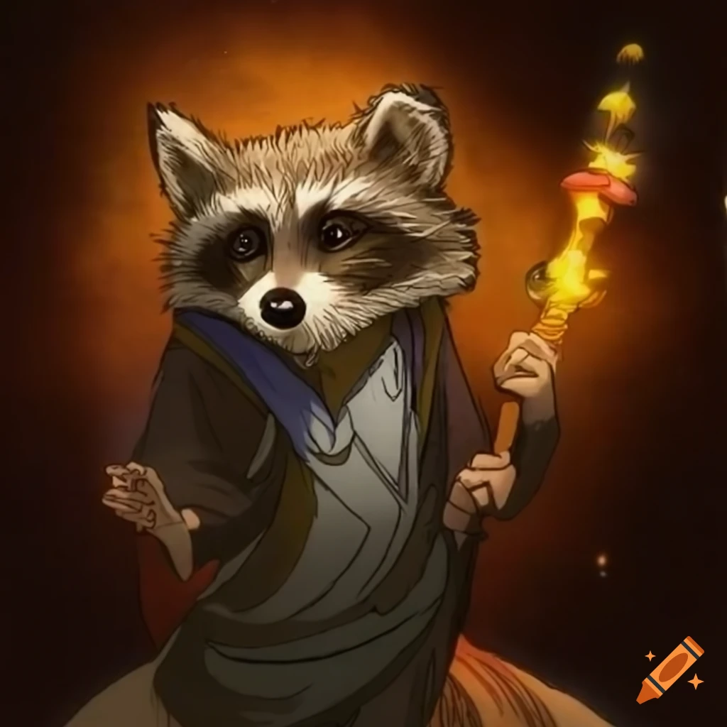 Anime cel-style artwork of a raccoon wizard casting a spell