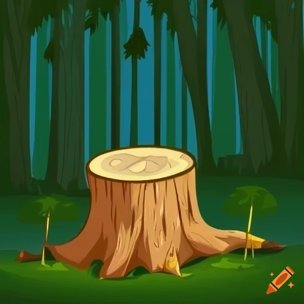 Cartoon image of a tree stump in the forest