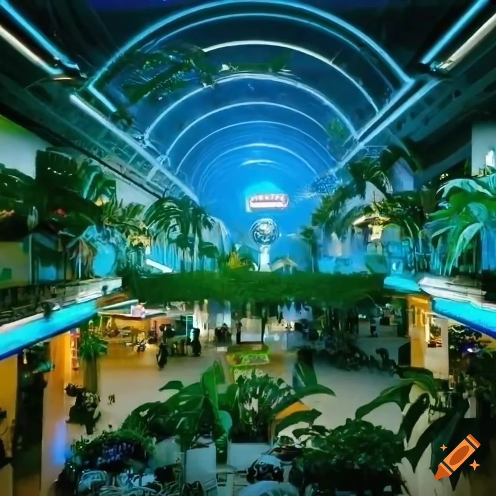 Neon-lit mall interior with jungle plant and fountain
