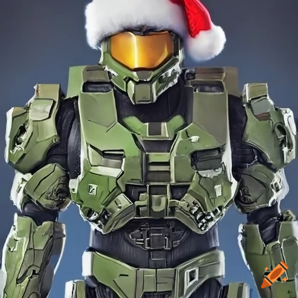 Master chief with a festive santa hat on Craiyon