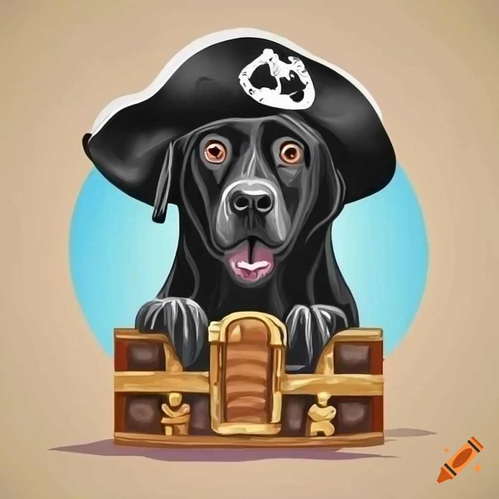 Black labrador wearing a pirate hat on a tropical island