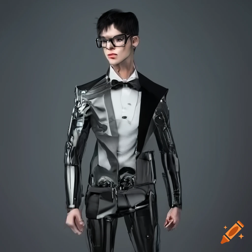Photorealistic image of a male cyborg in a PVC tuxedo on Craiyon