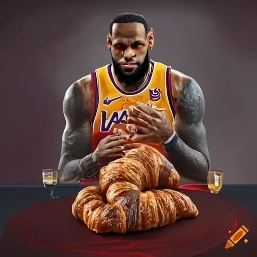 Lebron james holding a croissant and a glass of red wine with the ...
