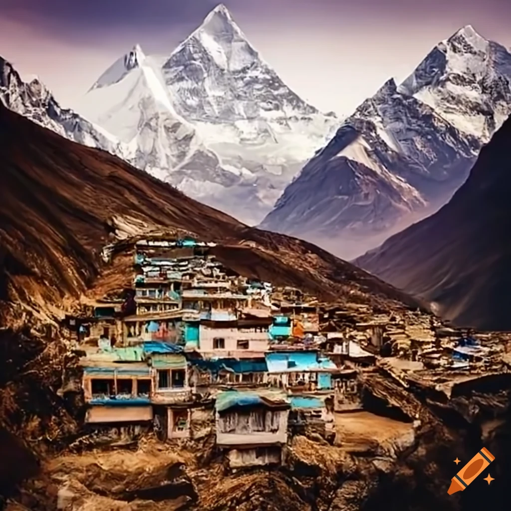 View of a village below mount everest