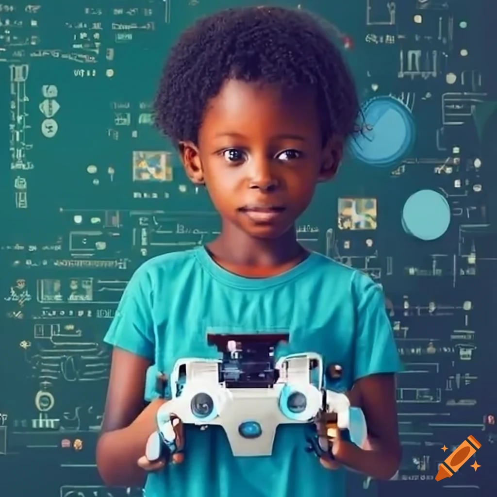 African child learning coding with a robot in the computer lab