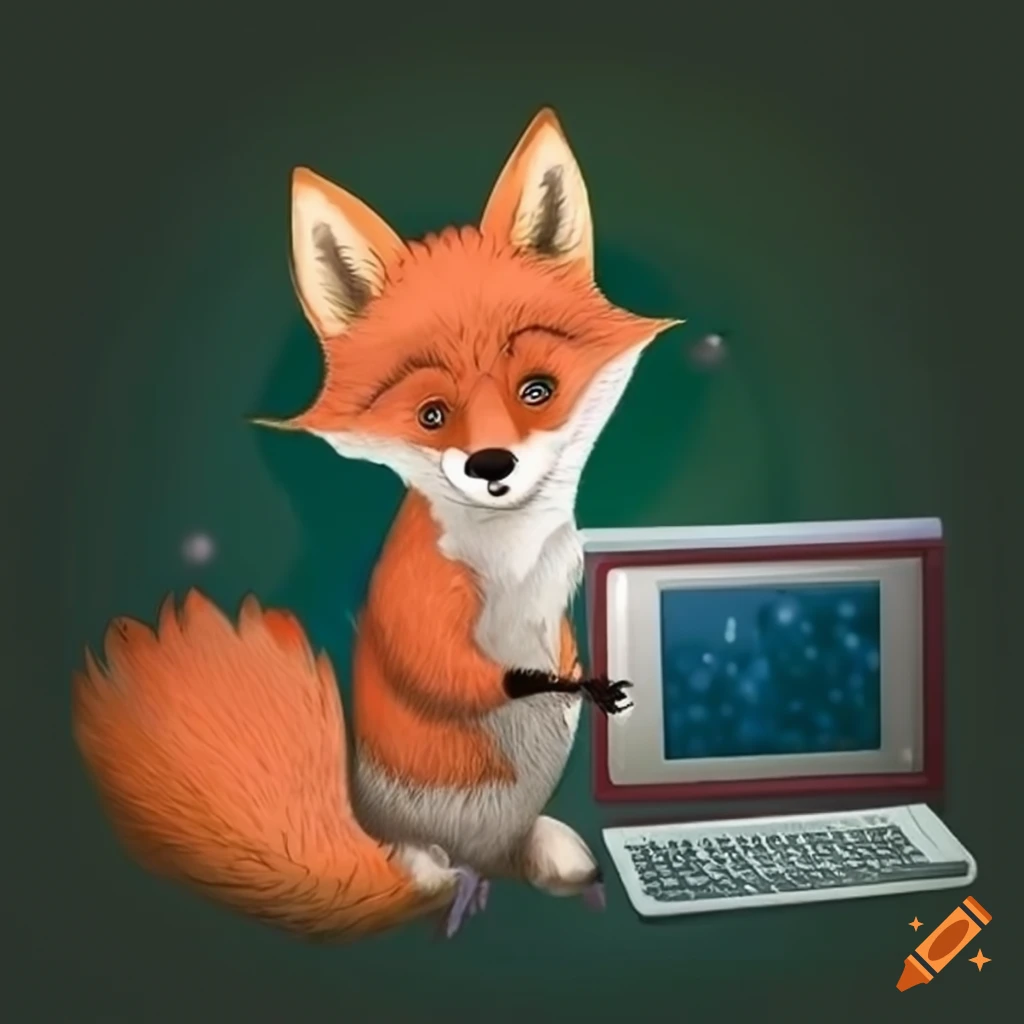 Illustration of a fox with a computer and butterfly