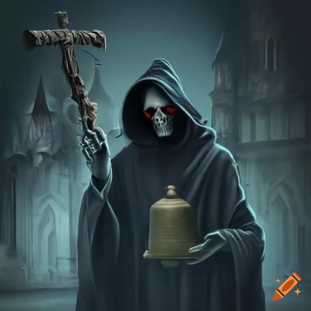 Dark art of a reaper ringing a bell in a church