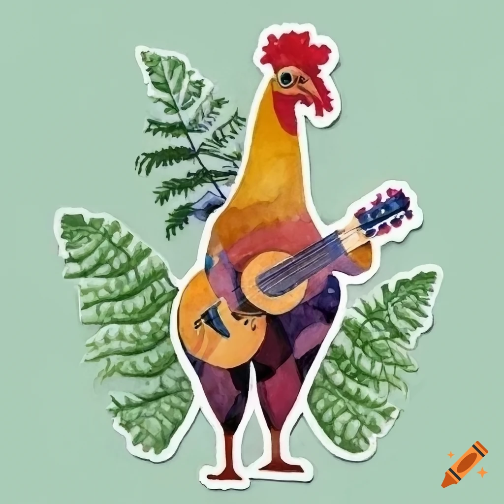Cubist art deco chicken playing ukulele surrounded by peony flowers and ...