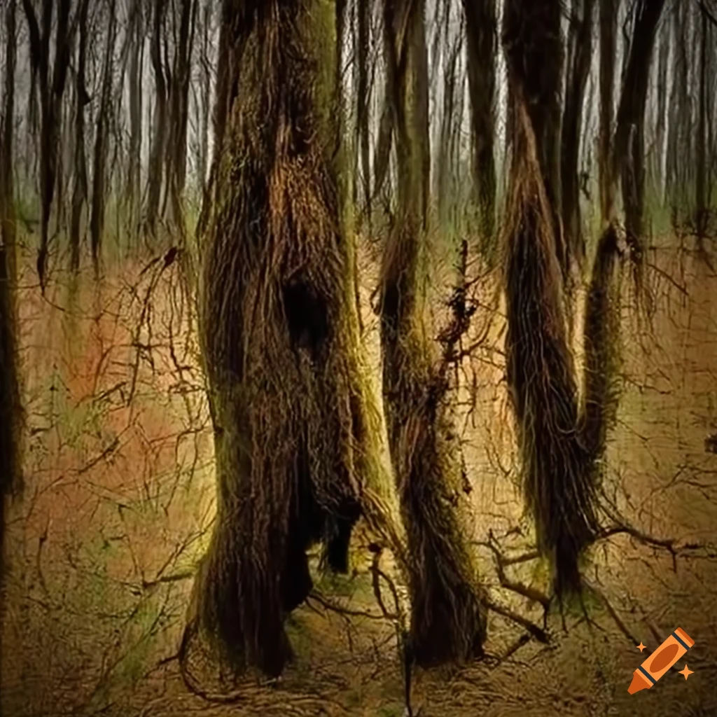 Artwork of furry tree people in a colorful forest