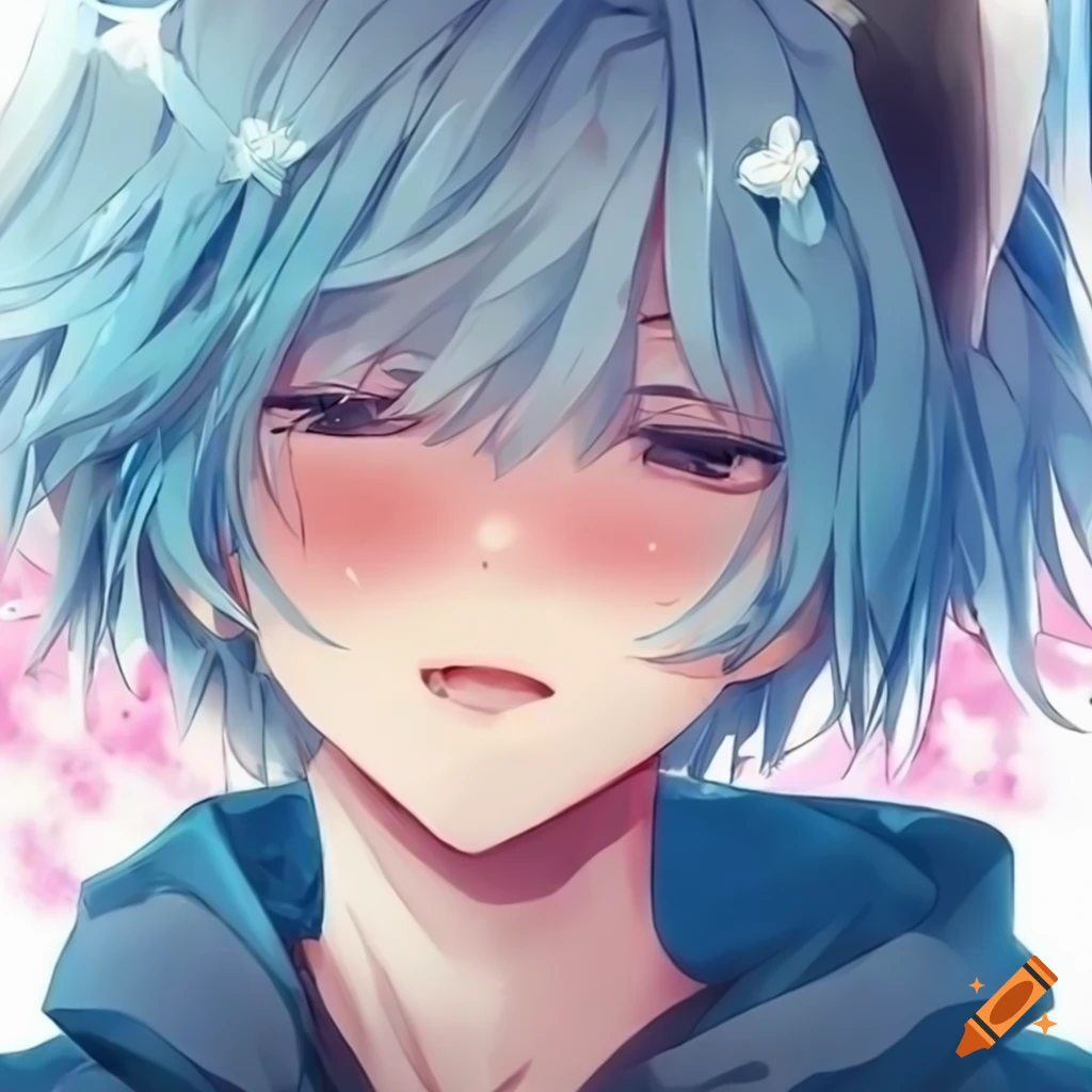 Image of a cute blushing anime boy with blue hair and animal ears