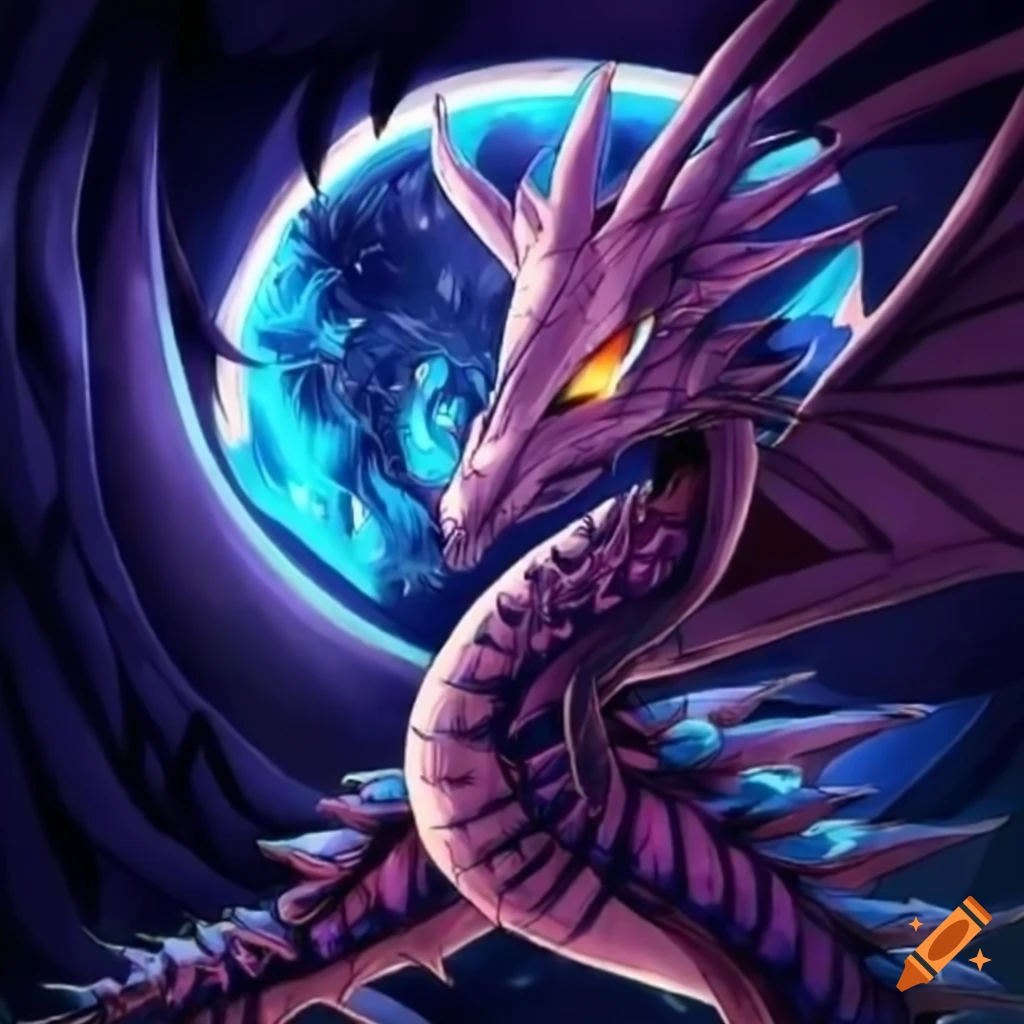 Sky full of hand-drawn dragons in anime style