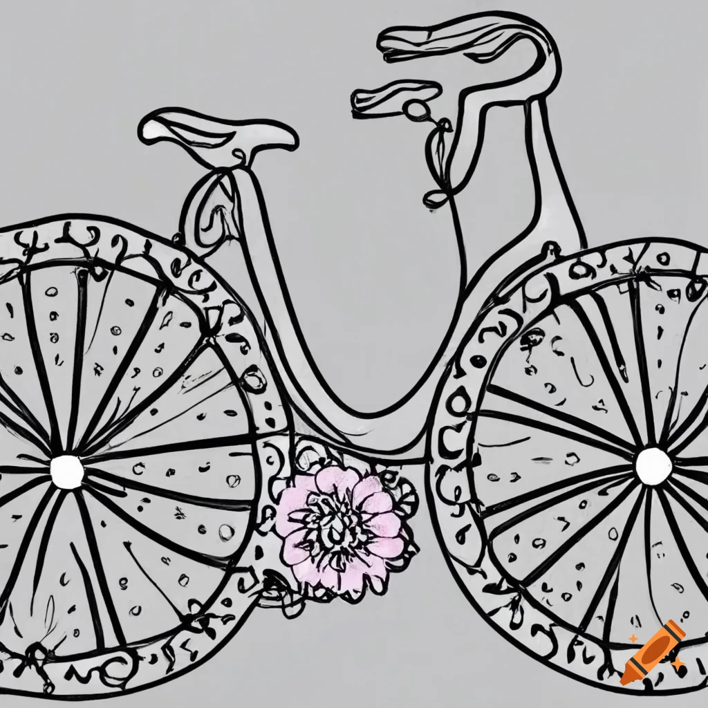 Elegant single line drawing of a flower-decorated bicycle