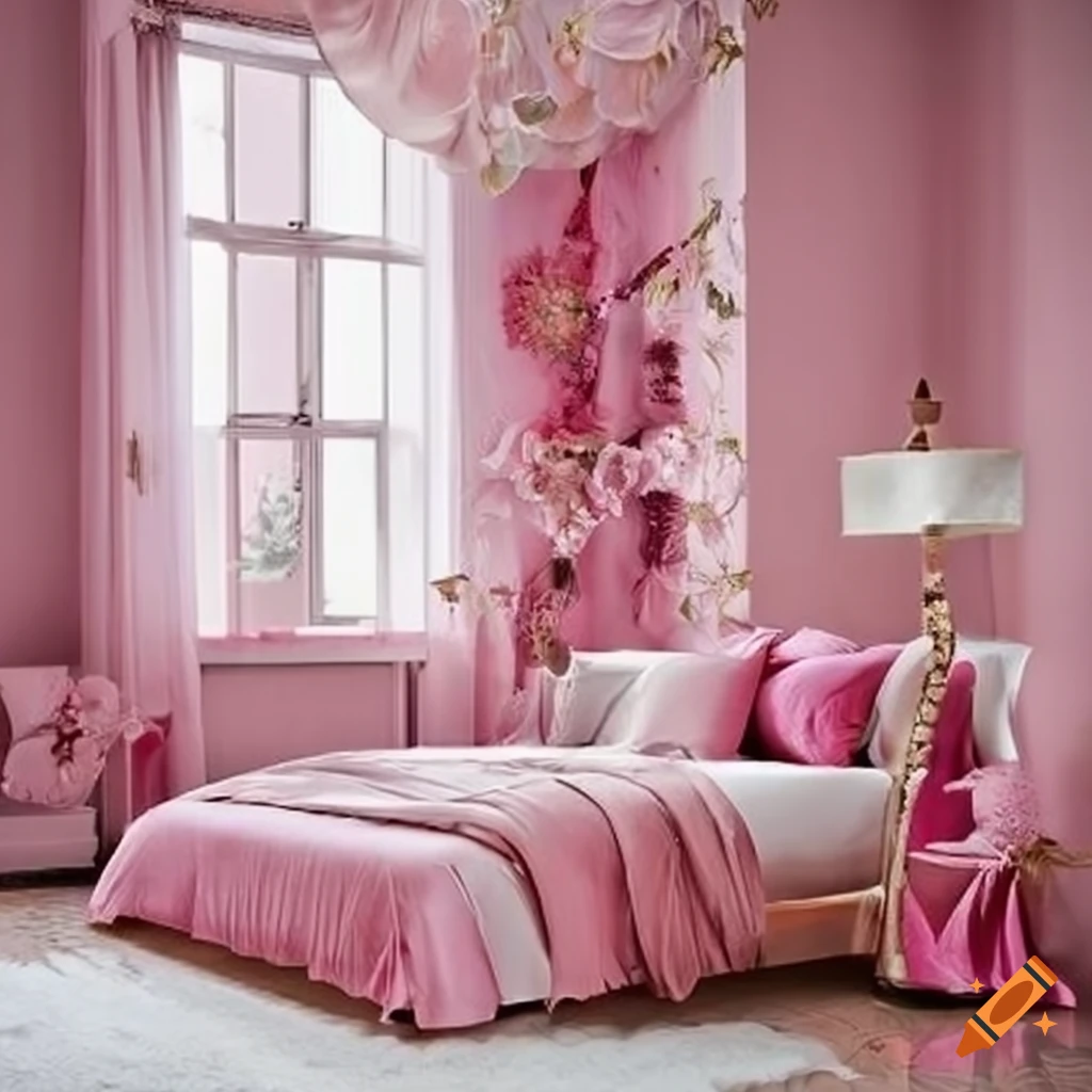 Luxurious pink bedroom with floral accents