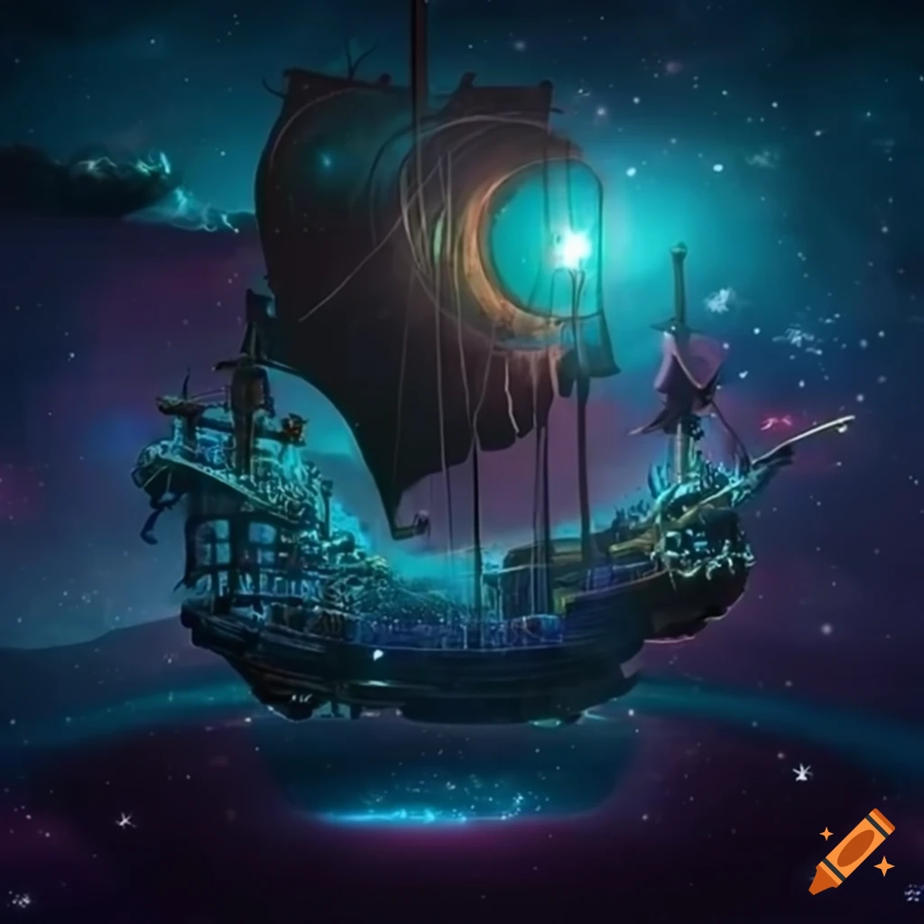 Steampunk pirate-ship in cosmic synthwave space