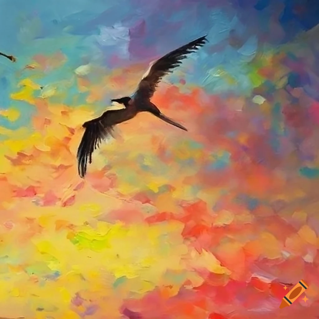 Impressionist painting of birds in flight
