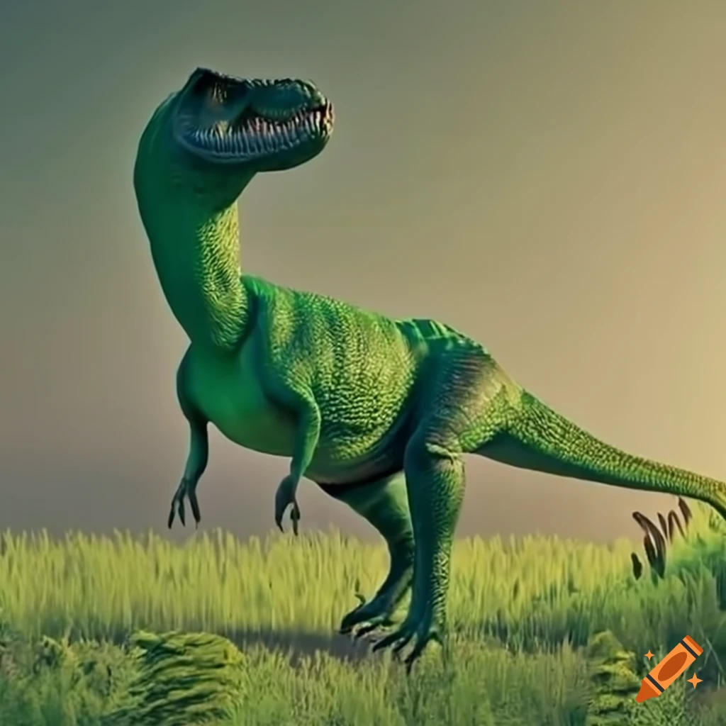 Image of a towering green T-Rex in lush vegetation on Craiyon