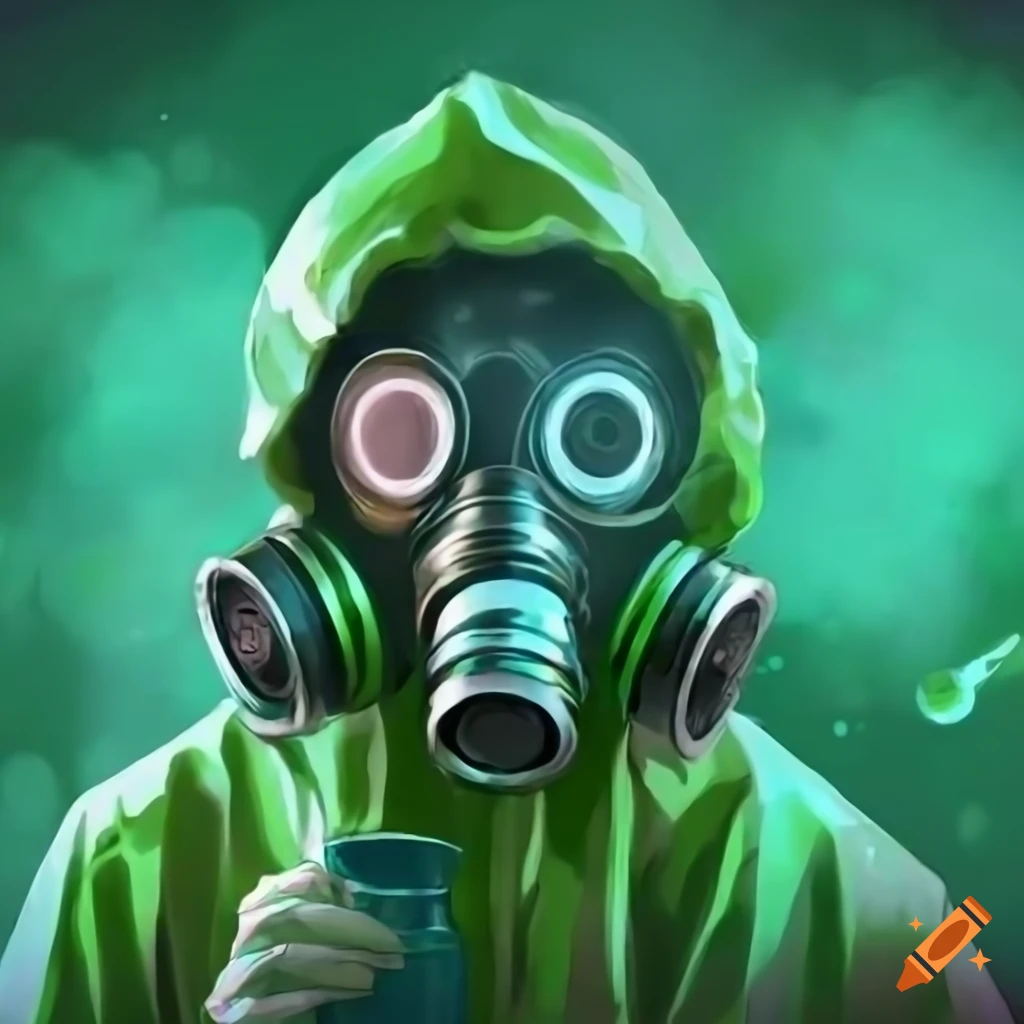 Anime hazmat girl with glowing gas mask and toxic chemicals on Craiyon