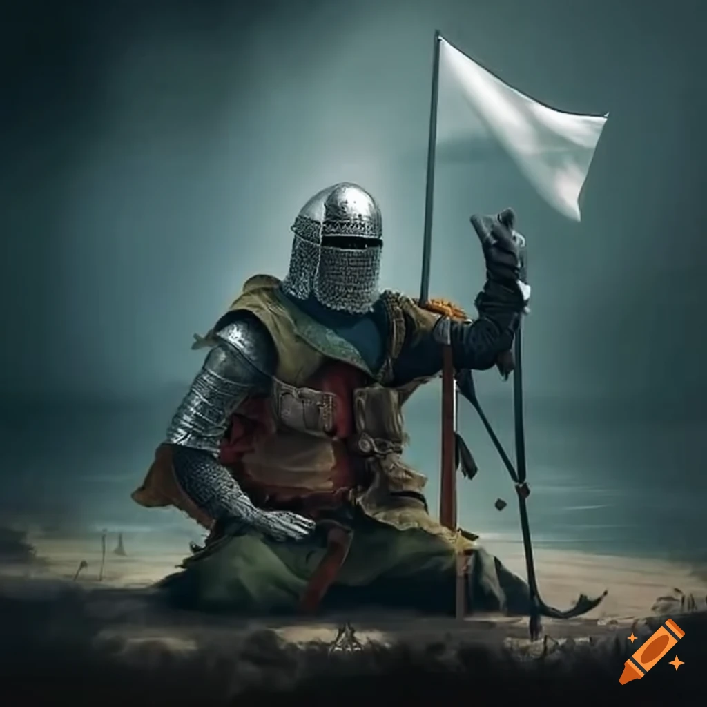 Knight receiving helmet on the battlefield on Craiyon