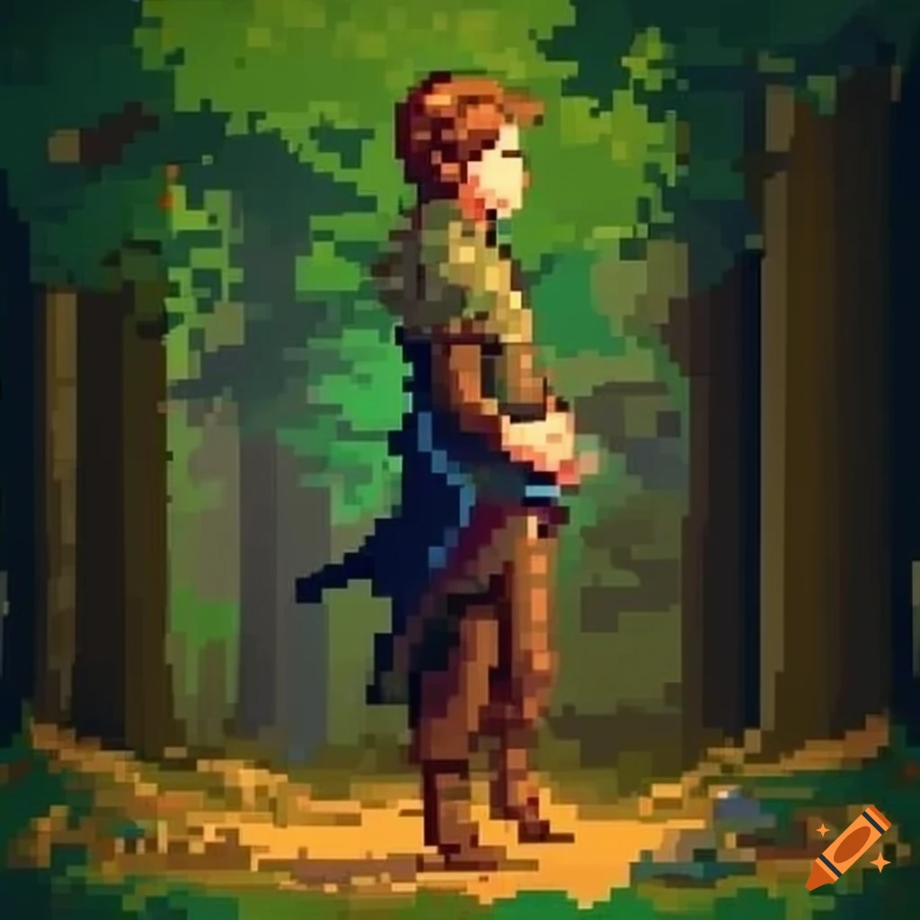 Pixel art of a young male mage in a forest